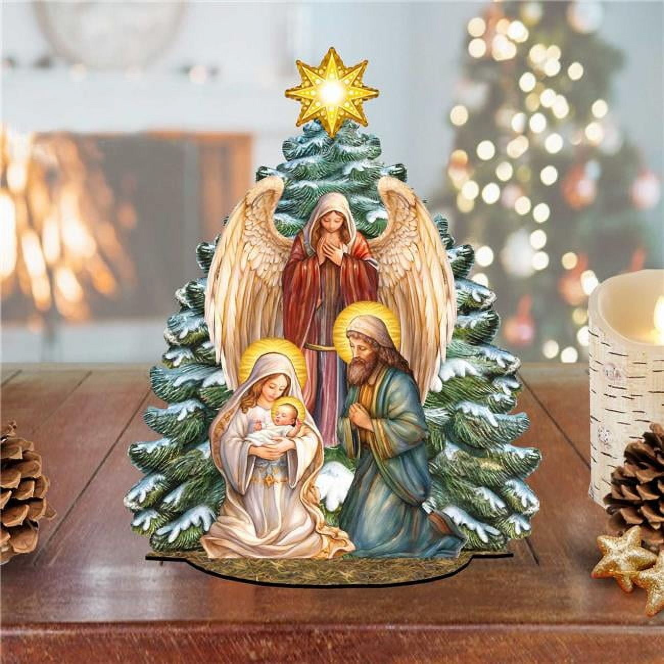 Designocracy Nativity Scene with Christmas Tree, Handcrafted Wooden ...