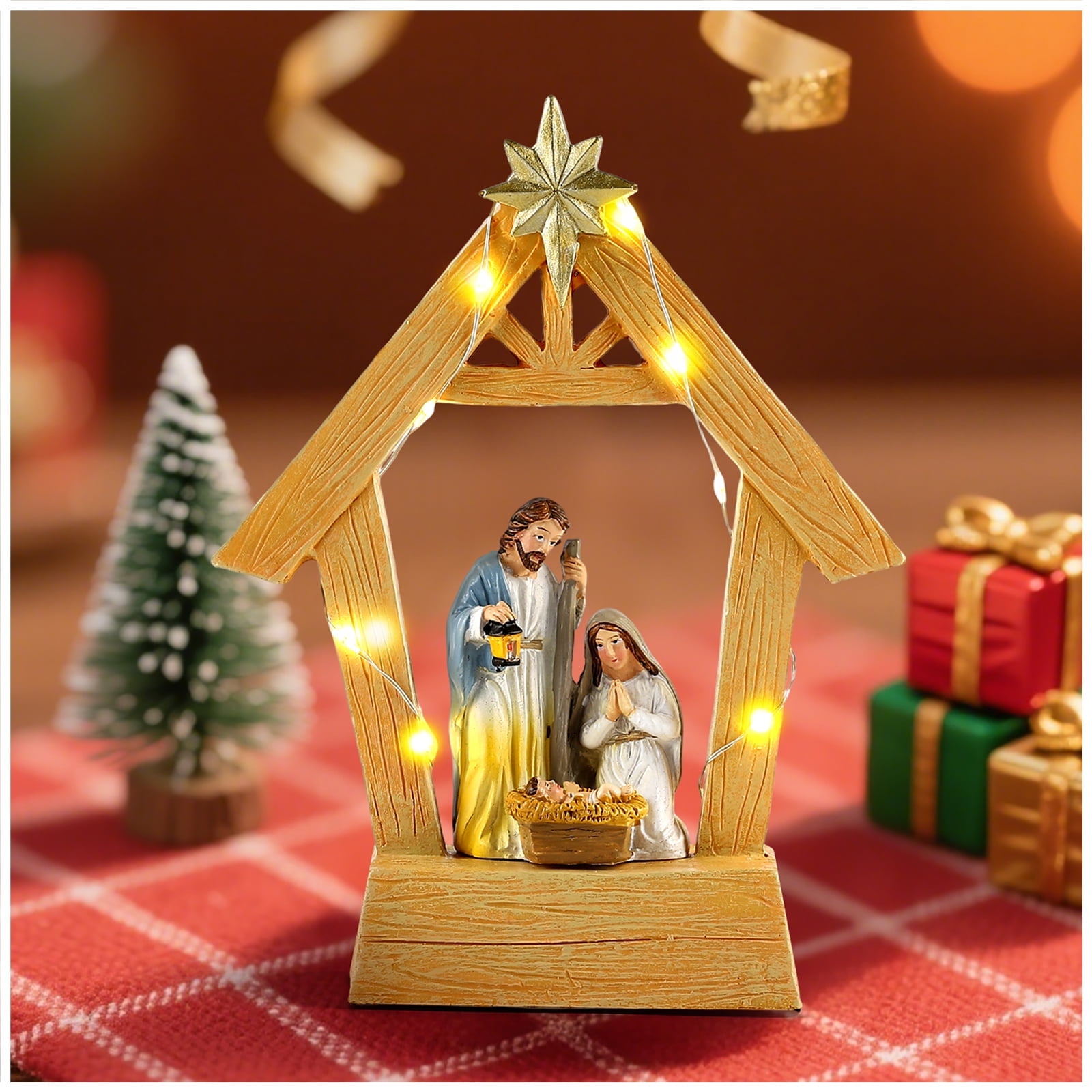Nativity Set with LED Lights - Holy Family Resin Figurines (Mary ...