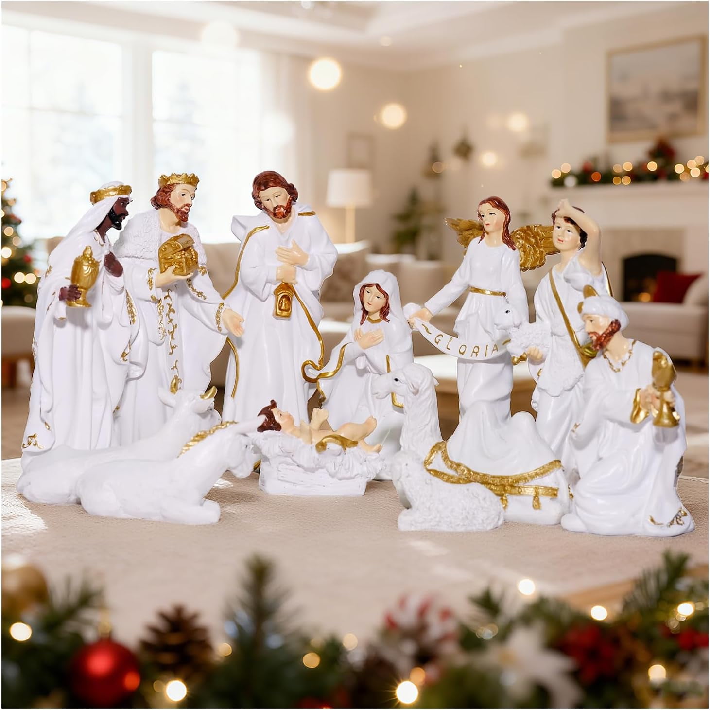 Nativity Set for Christmas 12 count White Manger Scene Holy Family ...