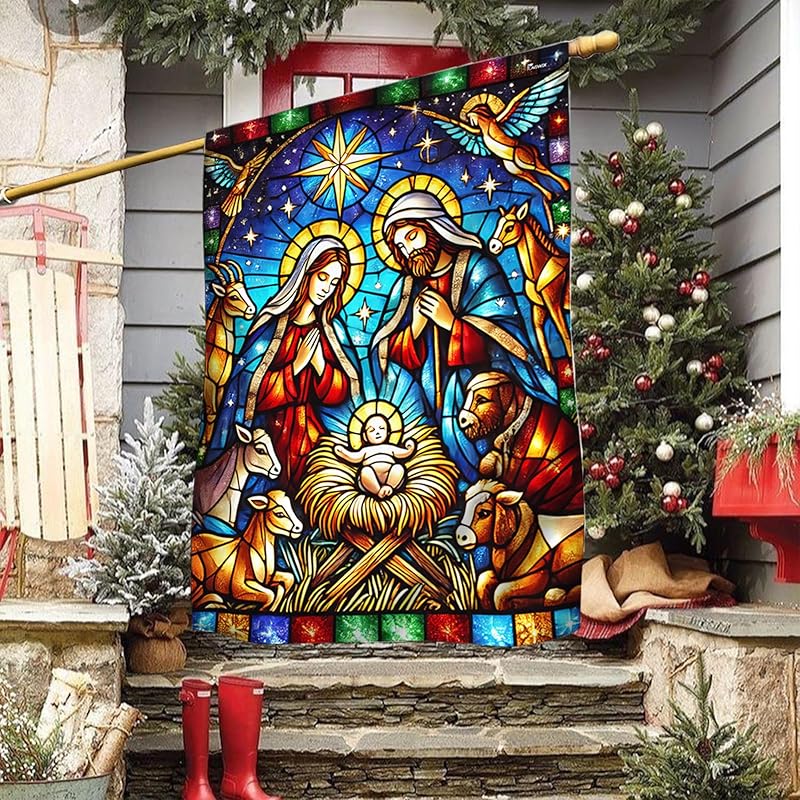 Nativity of Jesus Stained Glass Christmas Flag,Garden Flag -USA House ...
