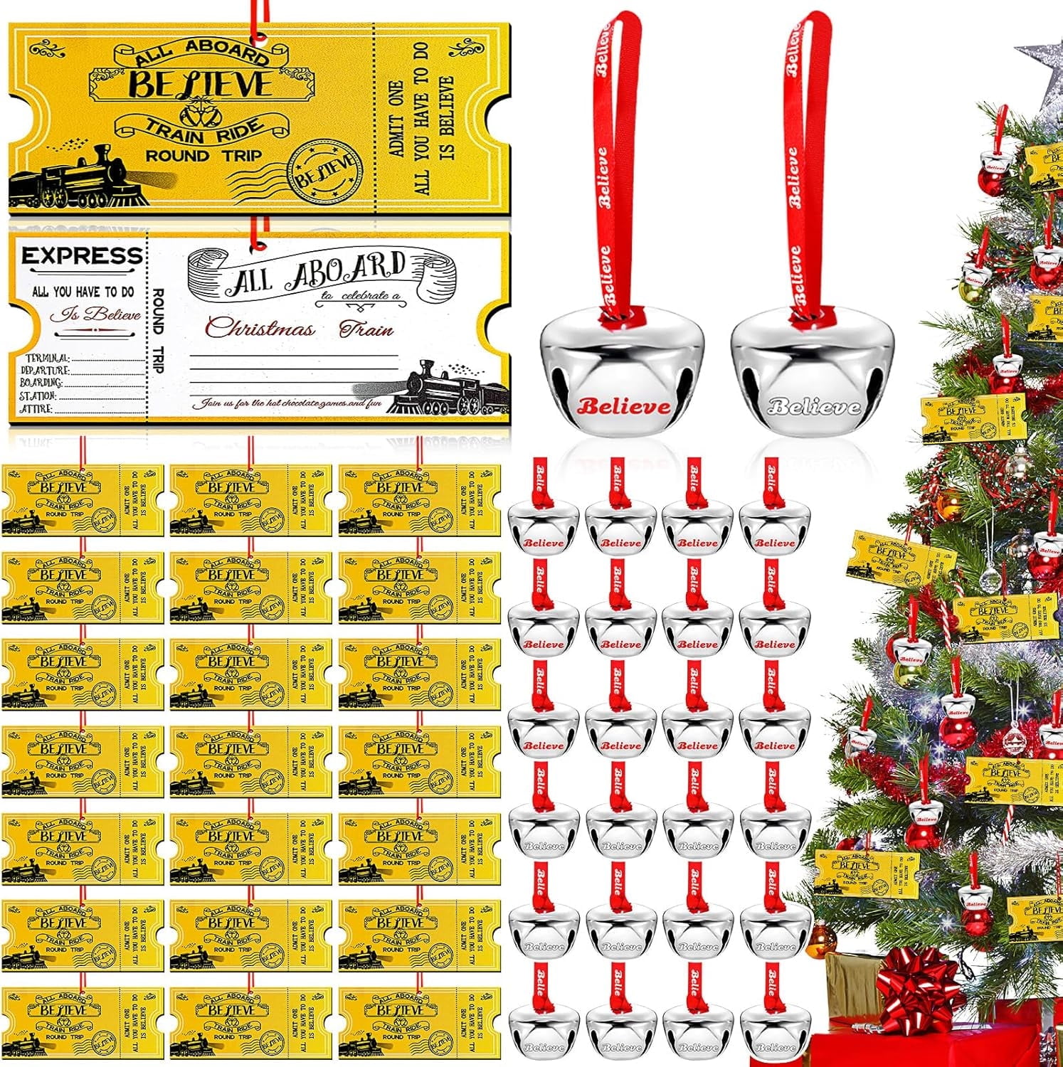 Natonhi 24 Pcs Christmas Polar Express Golden Tickets and Believe Bells ...