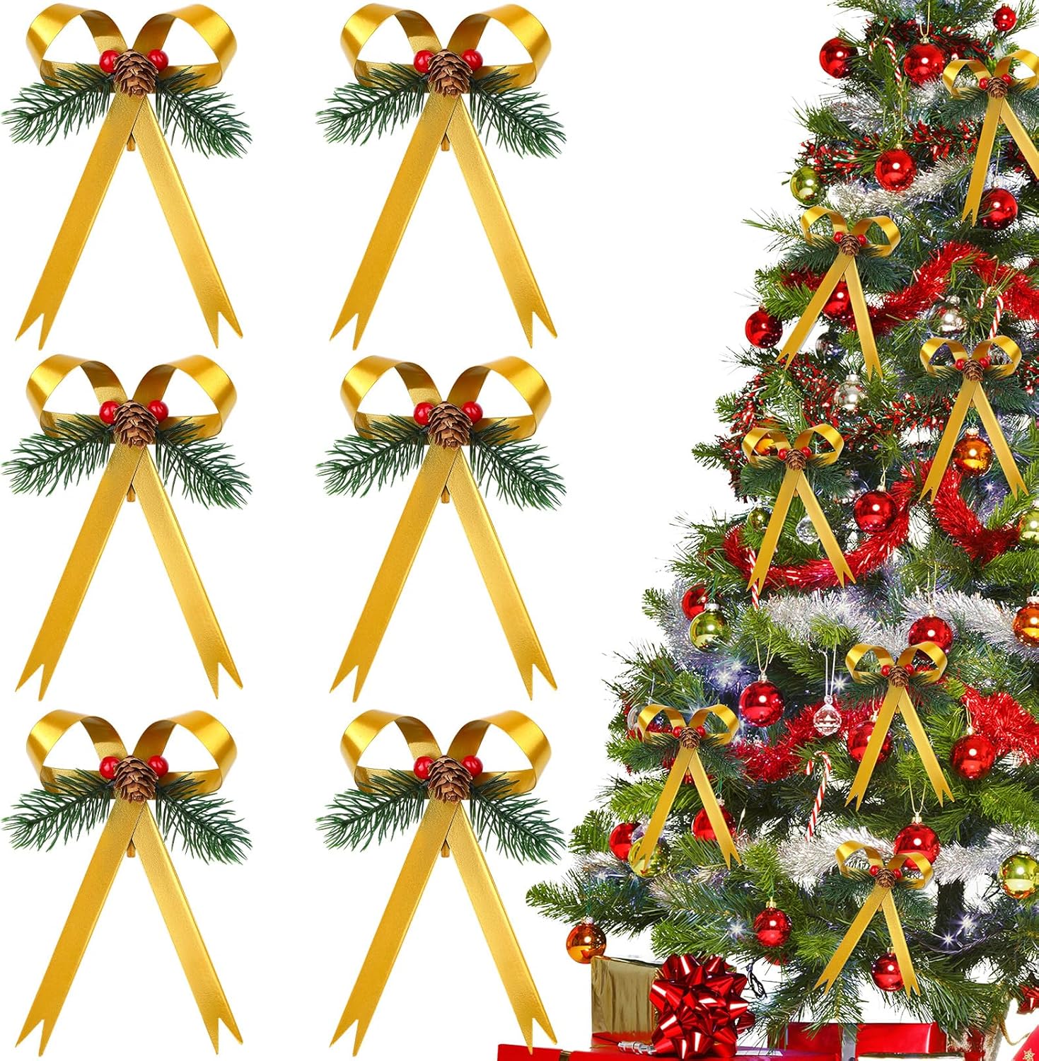 Natonhi 6pcs Gold Metal Bow Ornaments with Pine Stems Christmas Decor ...