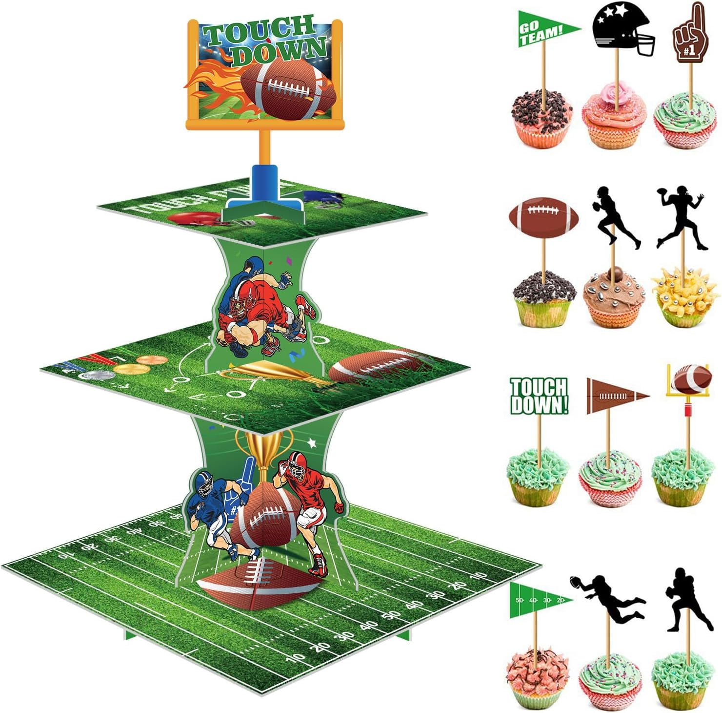 Natonhi Football Touchdown Cupcake Stand & Cake Toppers - 3 Tier ...