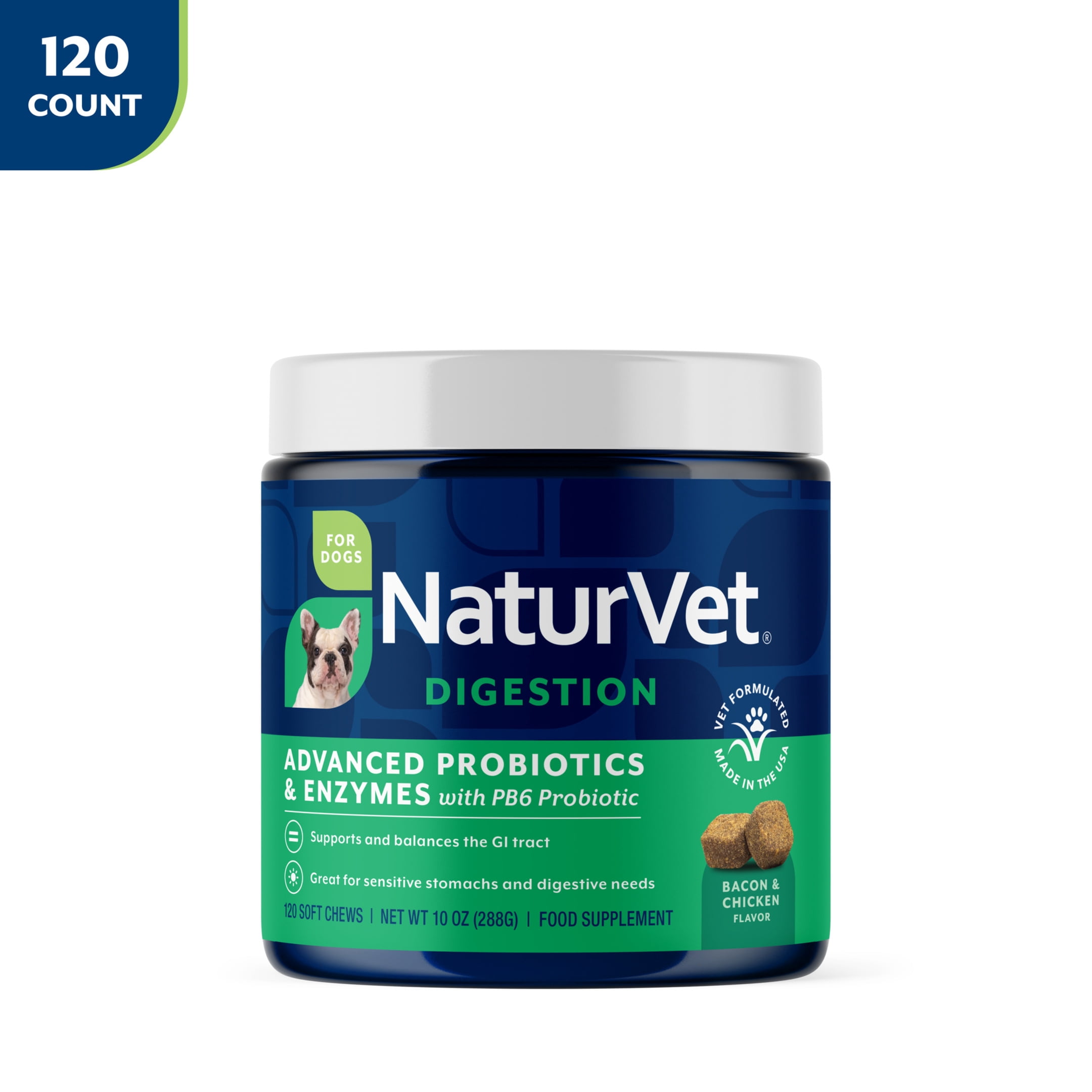 NaturVet Dog Probiotics Enzymes Gut Health Supplement 120 Soft Chews ...