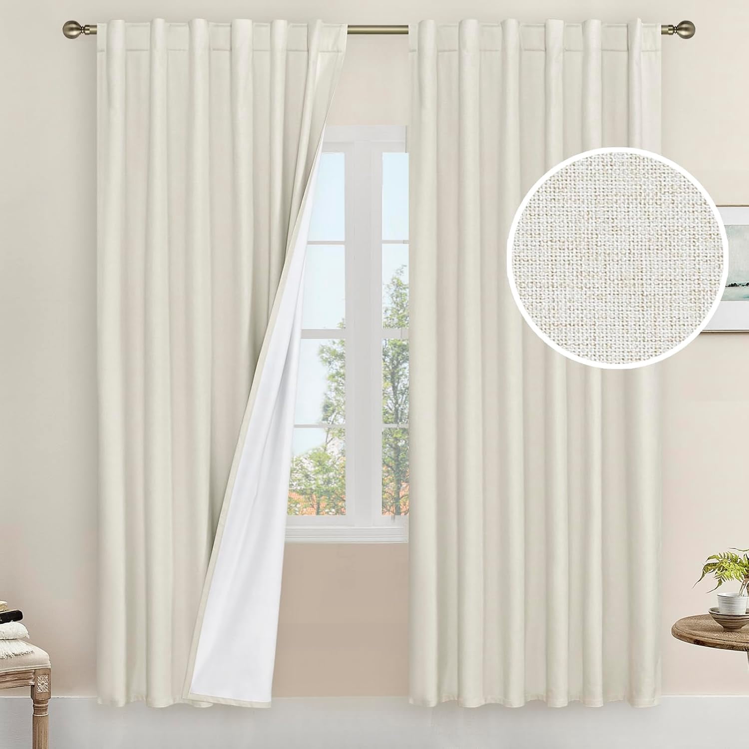 Natural 100% Blackout Linen Curtains, 80 Inches Linen Textured Thermal ...