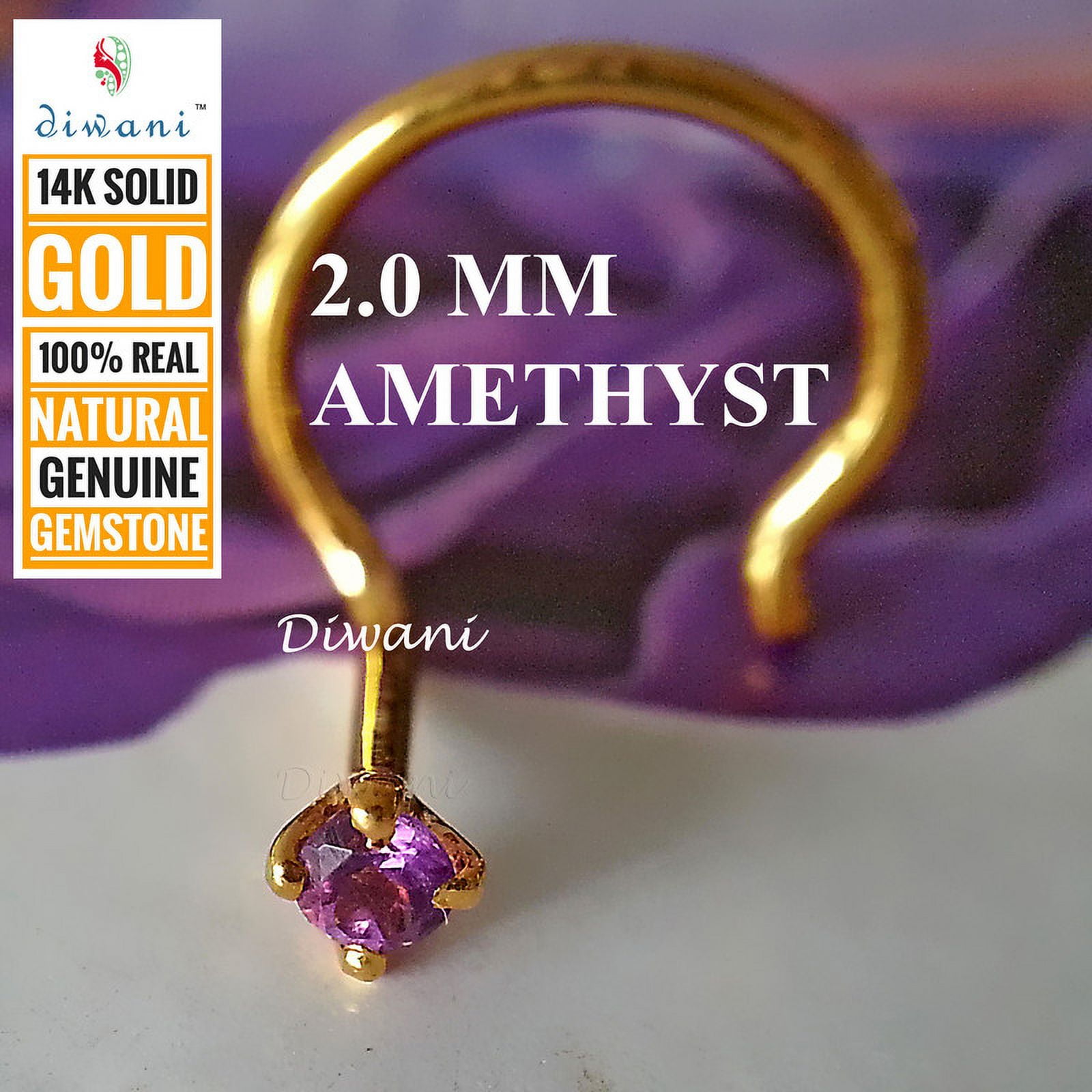 Natural 2.0mm Amethyst Gemstone Engagement Wedding Nose Piercing Stud ...