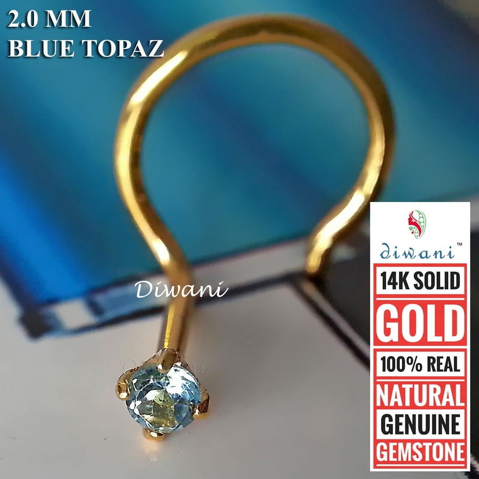 Natural 2.0mm Blue Topaz Gemstone Engagement Wedding Nose Piercing Stud ...