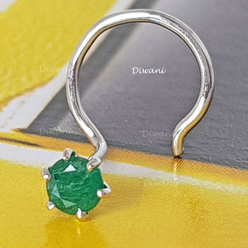 Natural 3.0mm Emerald Gemstone Engagement Wedding Nose Piercing Stud Ring Pin Piercing 14k Gold ...