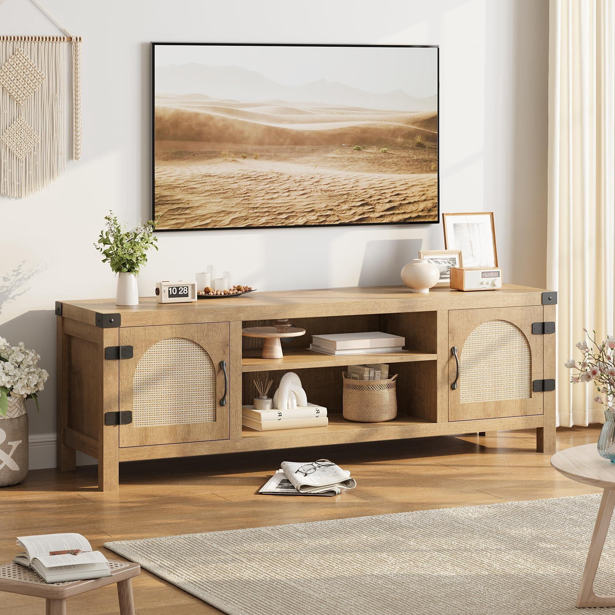 Natural 59 Inch Boho Rattan Door TV Stand, Adjustable Shelf Farmhouse ...