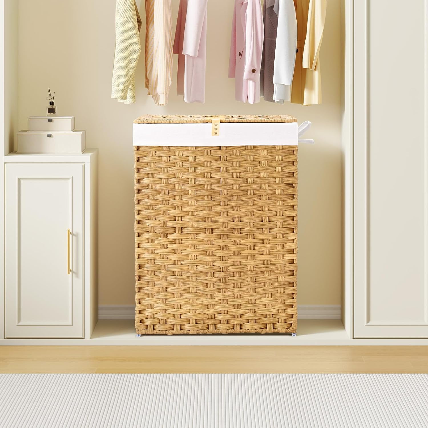 Natural 90L Laundry Hamper with Lid - Handwoven Synthetic Rattan with 2 ...