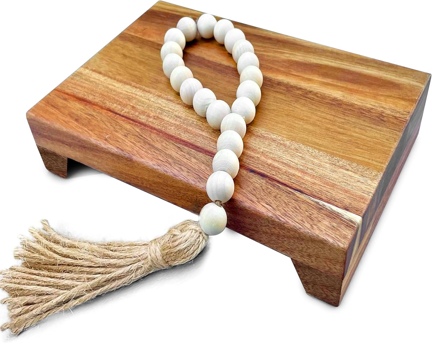 Natural Acacia Wood Pedestal Stand | Wooden Riser with Decorative Beads | Kitchen Counter Decor ...