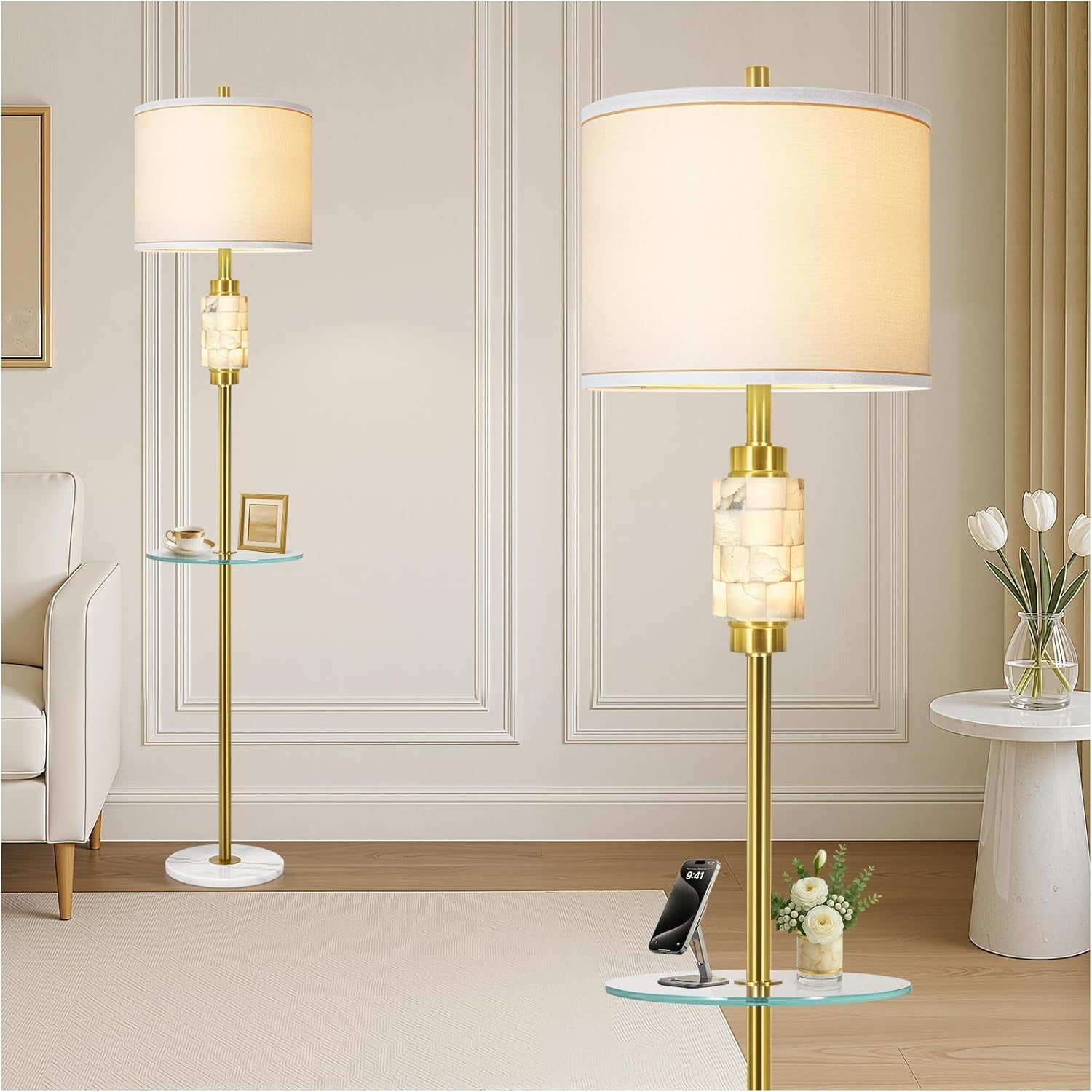 Natural Alabaster Floor Lamp for Living Room,Gold Floor Lamp with Glass ...
