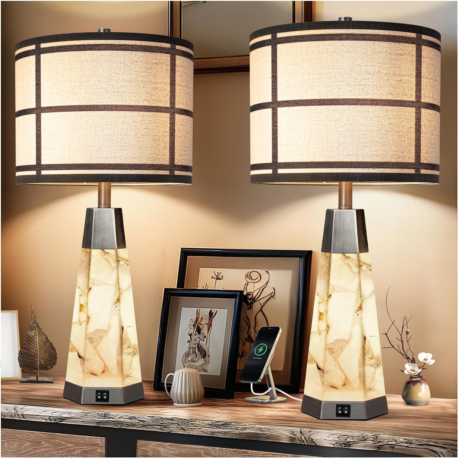 Natural Alabaster And Real Wood Table Lamp Set of 2 With Night Light ...