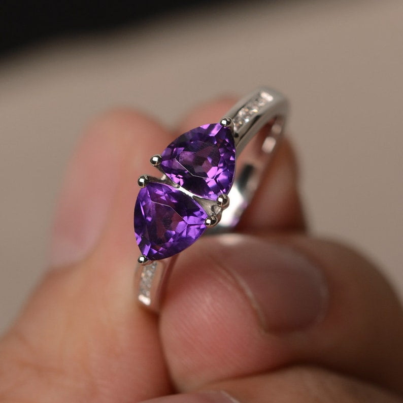 Natural Amethyst Ring Trillion Cut Purple Gemstone Ring February ...