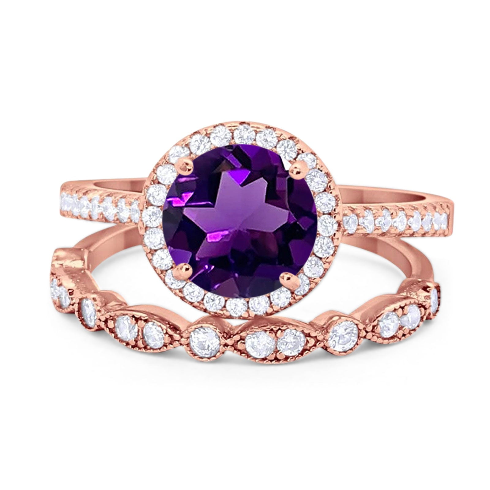 Natural Amethyst Rose Tone Silver Size-7 Two Piece Round Half Eternity ...