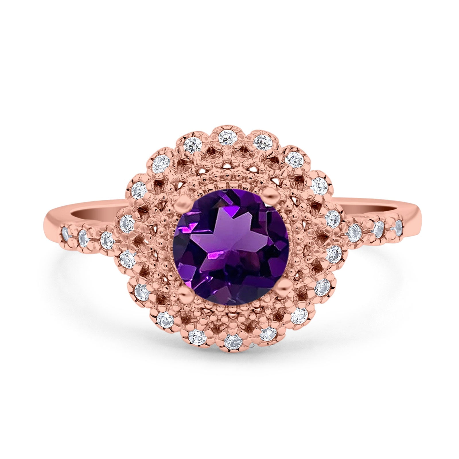 Natural Amethyst Rose Tone Silver Size-9 Art Deco Round Beaded Flower ...