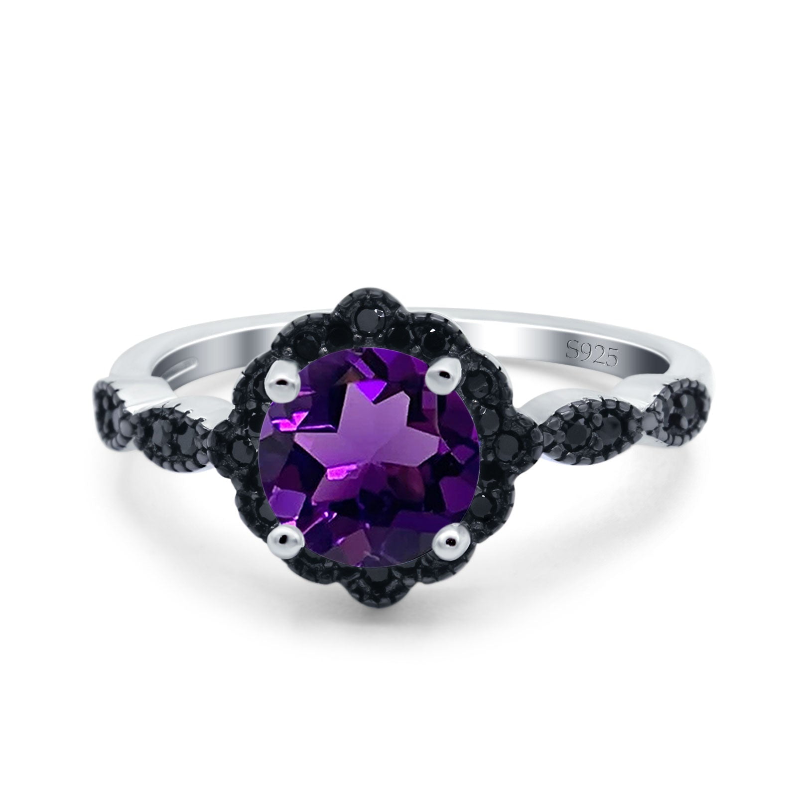 Natural Amethyst Size-6 Art Deco Round Flower Ring Black CZ Two Tone ...