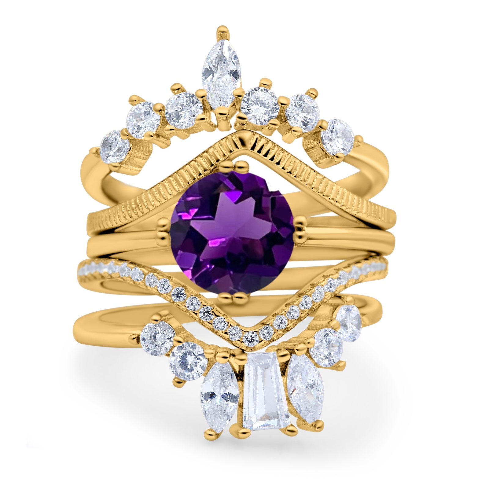 Natural Amethyst Yellow Tone Silver Size-9 Three Piece Round Cocktail ...