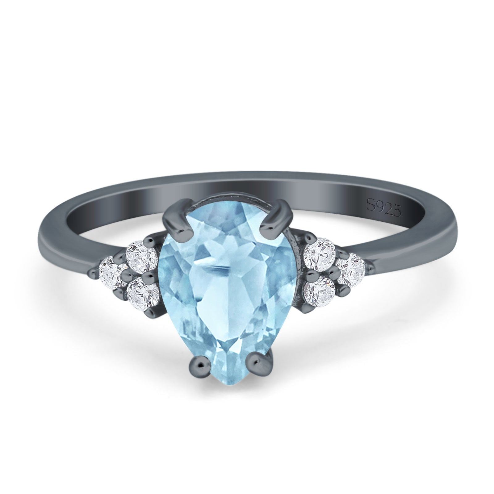 Natural Aquamarine Black Tone Silver Size-5 Art Deco Pear Teardrop ...