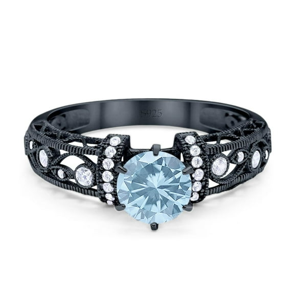 Natural Aquamarine Black Tone Silver Size-6 Art Deco Round Filigree ...
