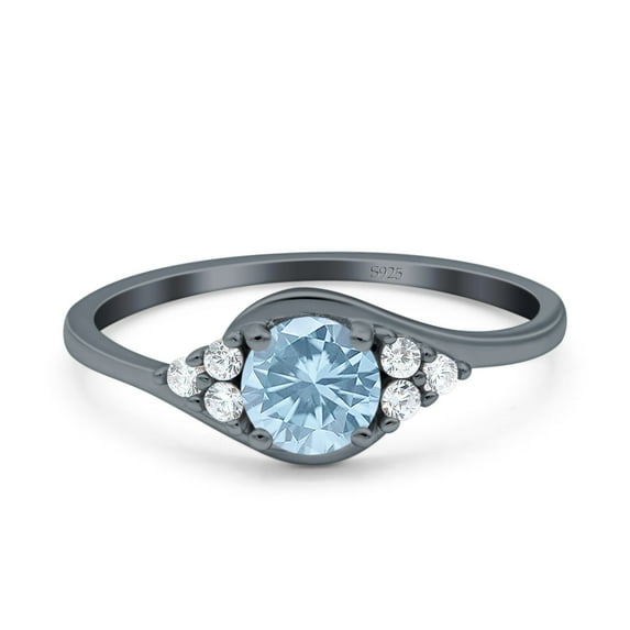 Natural Aquamarine Black Tone Silver Size-7 Round Vintage Style Split ...