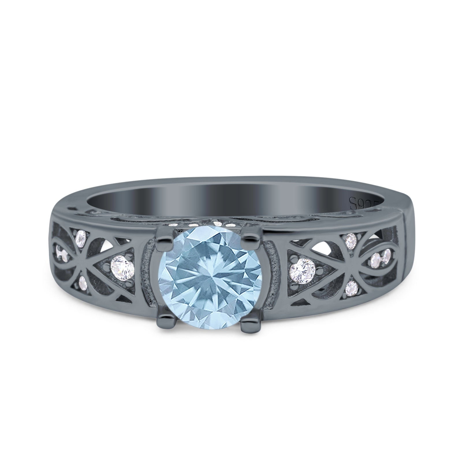 Natural Aquamarine Black Tone Silver Size-8 Art Deco Round Trinity ...