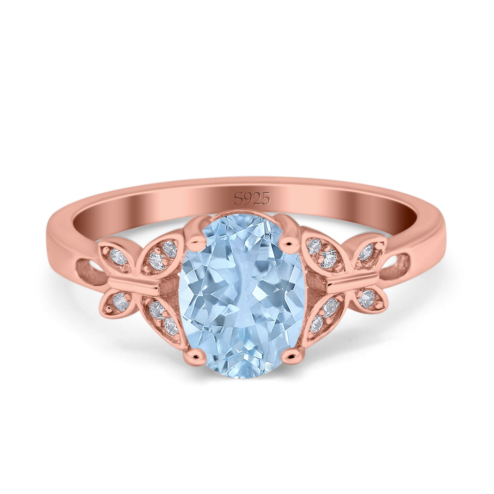 Natural Aquamarine Rose Tone Silver Size-7 Art Deco Oval Floral Vintage ...