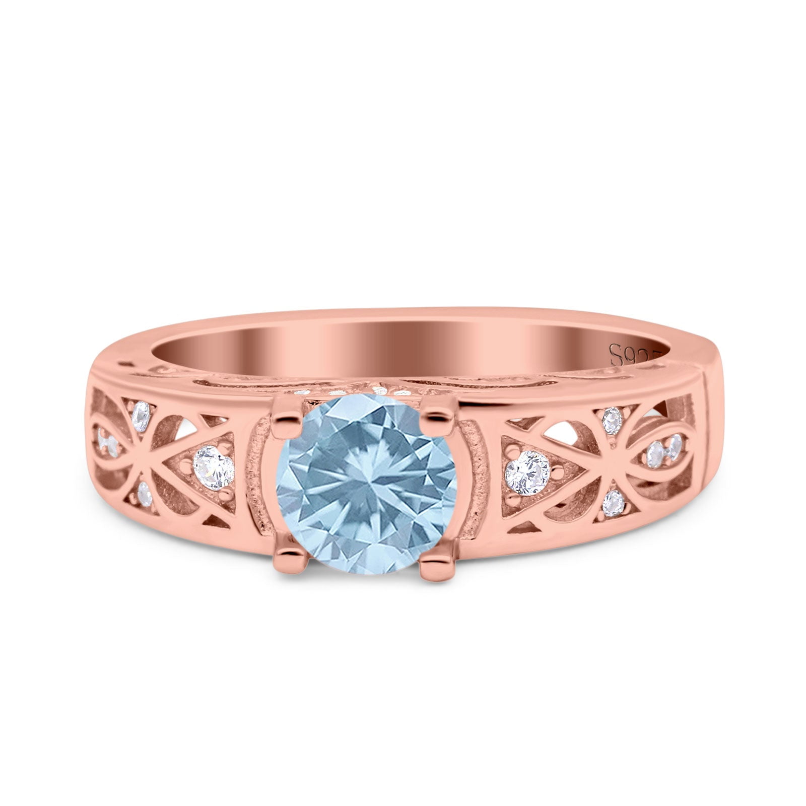 Natural Aquamarine Rose Tone Silver Size-7 Art Deco Round Trinity ...