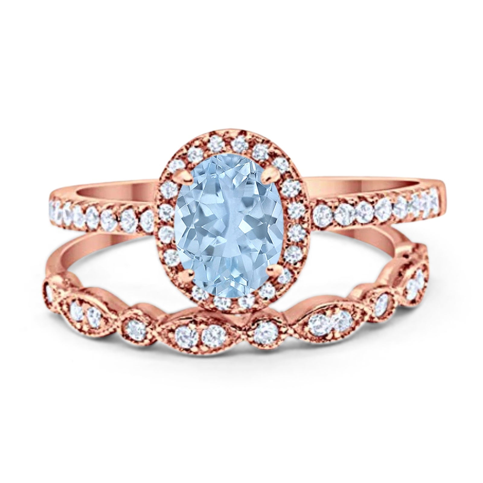 Natural Aquamarine Rose Tone Silver Size-7 Two Piece Oval Half Eternity ...