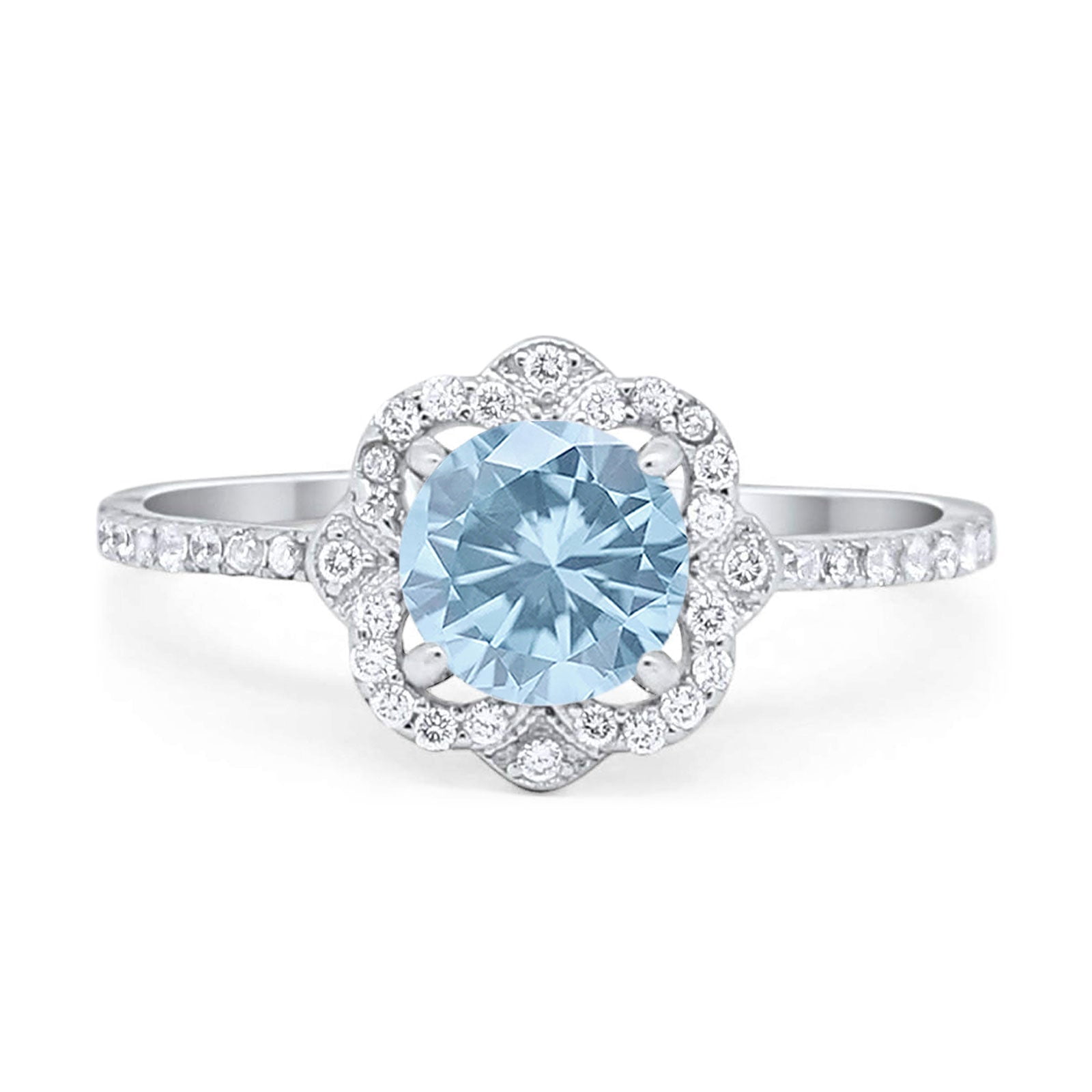 Natural Aquamarine Size-7 Art Deco Round Flower Ring Vintage Style CZ ...