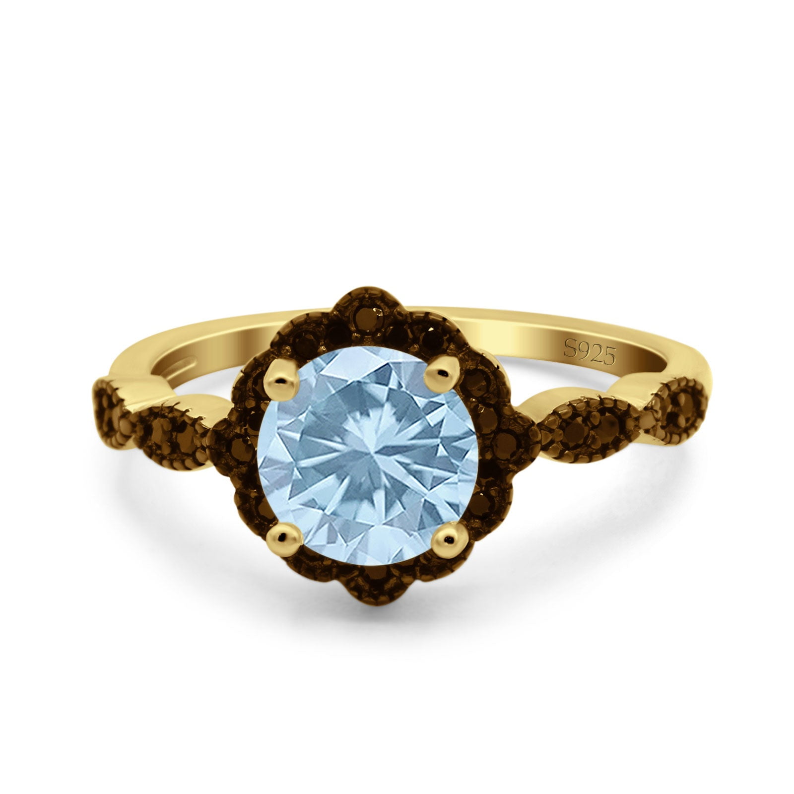 Natural Aquamarine Yellow Tone Silver Size-6 Art Deco Round Flower Ring ...