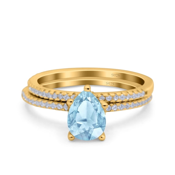 Natural Aquamarine Yellow Tone Silver Size-7 Two Piece Pear Teardrop ...