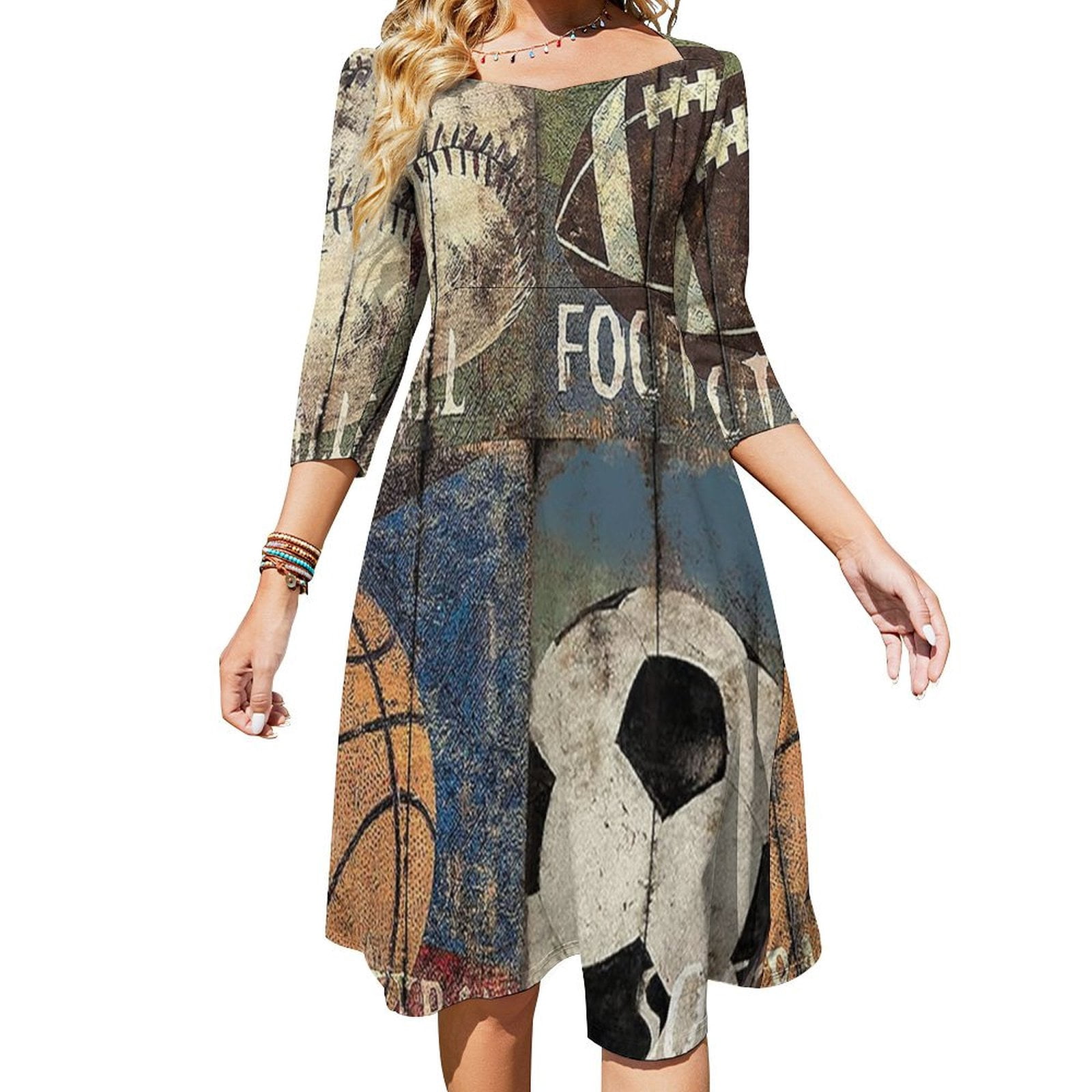 Natural Art Soccer Football Sports Sweetheart Knot Flared Dress Fashion ...
