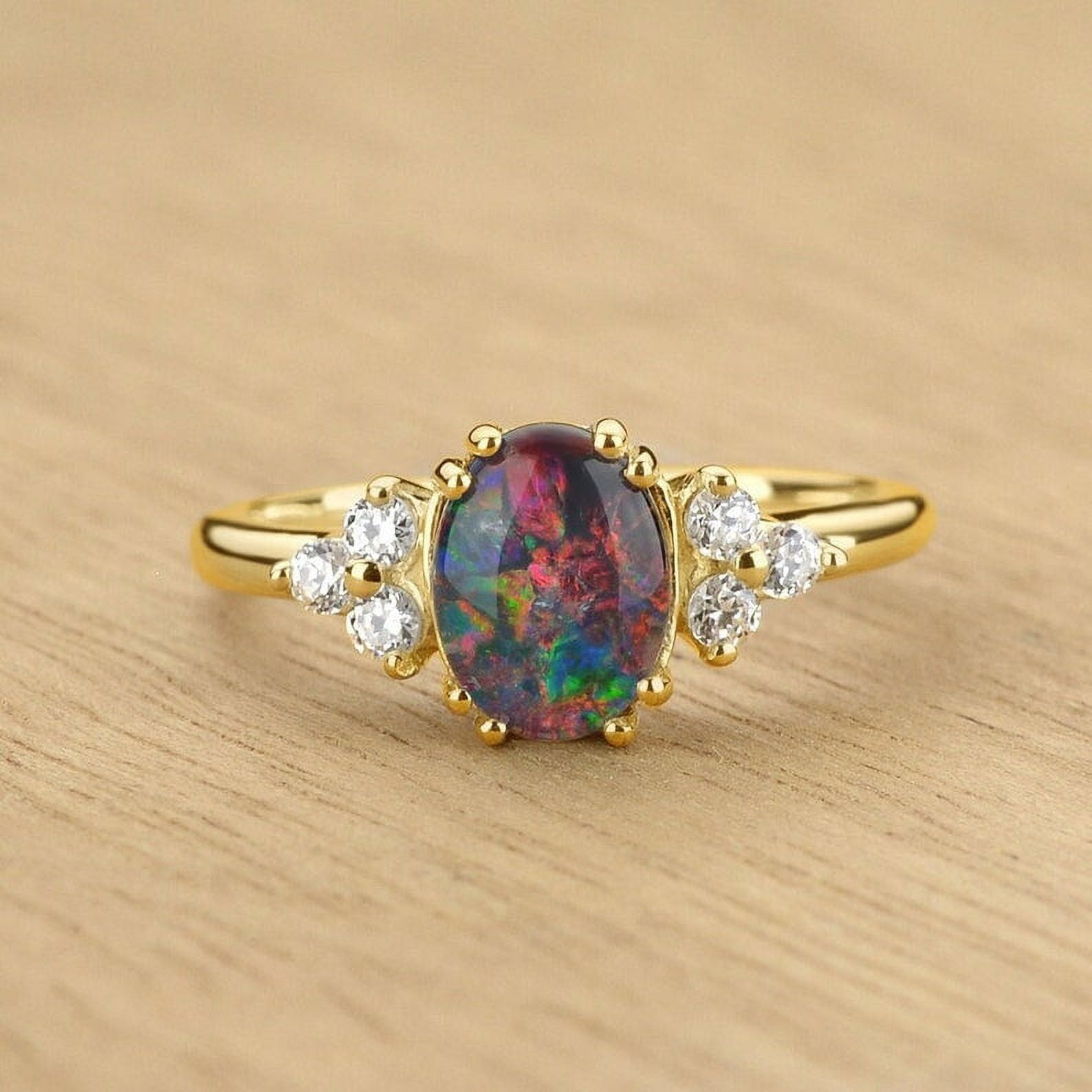Natural Australian Black Fire Opal Engagement Ring, 0.18ct Genuine Moissanite Diamonds & 8x6mm ...
