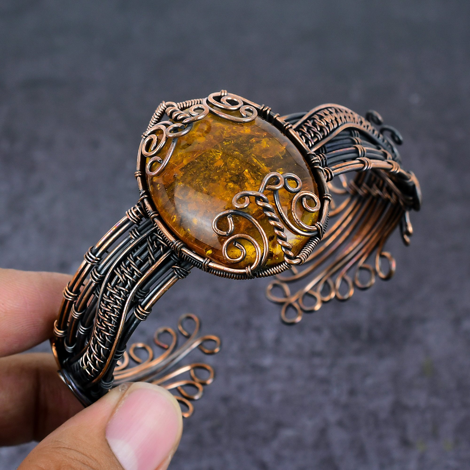 Natural Baltic Amber Gemstone Copper Wire Wrap Cuff Bangle Adjustable ...