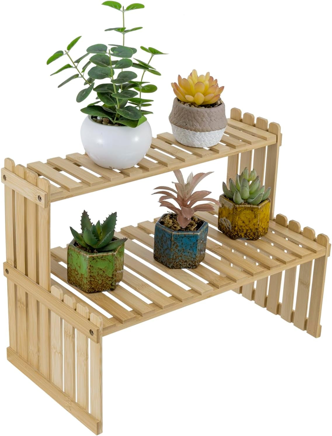 Natural Bamboo 2-Tier Desk Plant Stand with Slatted Shelves for Indoor ...