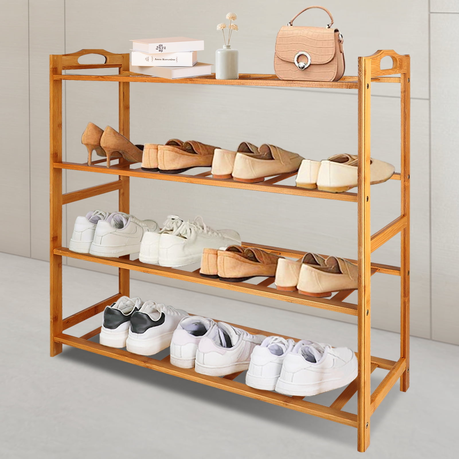 Natural Bamboo 4 Tiers Shoe Rack Shoe Storage Organizer Floor Standing ...