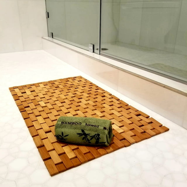 Natural Bamboo Bath Mat With Bamboo Hand Towel, Non-Slip Large 16" x 27 ...
