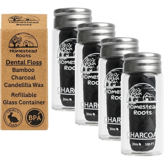 Natural Bamboo Dental Floss 4 Pack - Refillable Glass Containers (100 ...