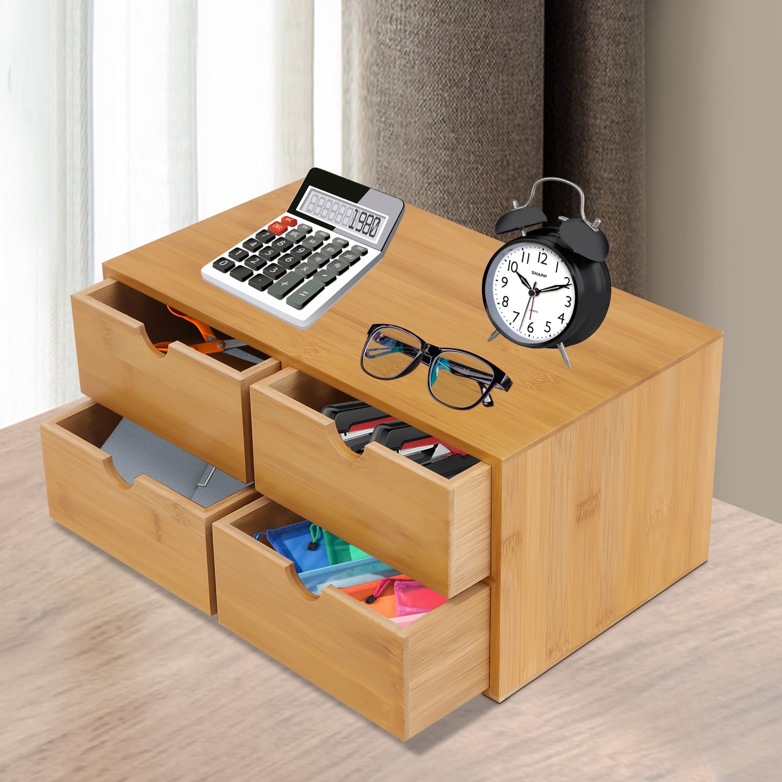 Natural Bamboo Desktop Organizer with 4 Drawers, Stylish & Functional ...