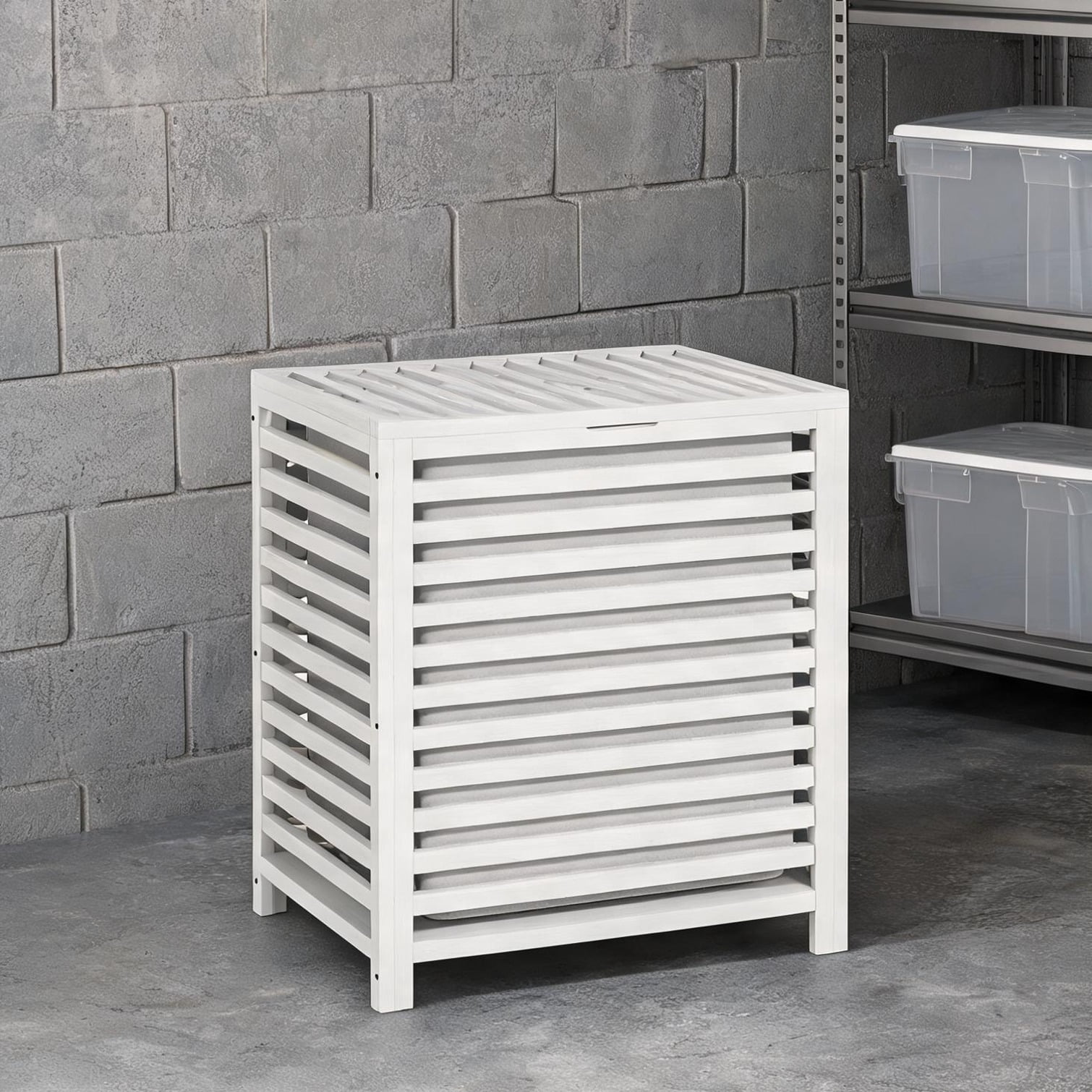 Natural Bamboo Louvered Door Laundry Hamper with Removable Liner ...