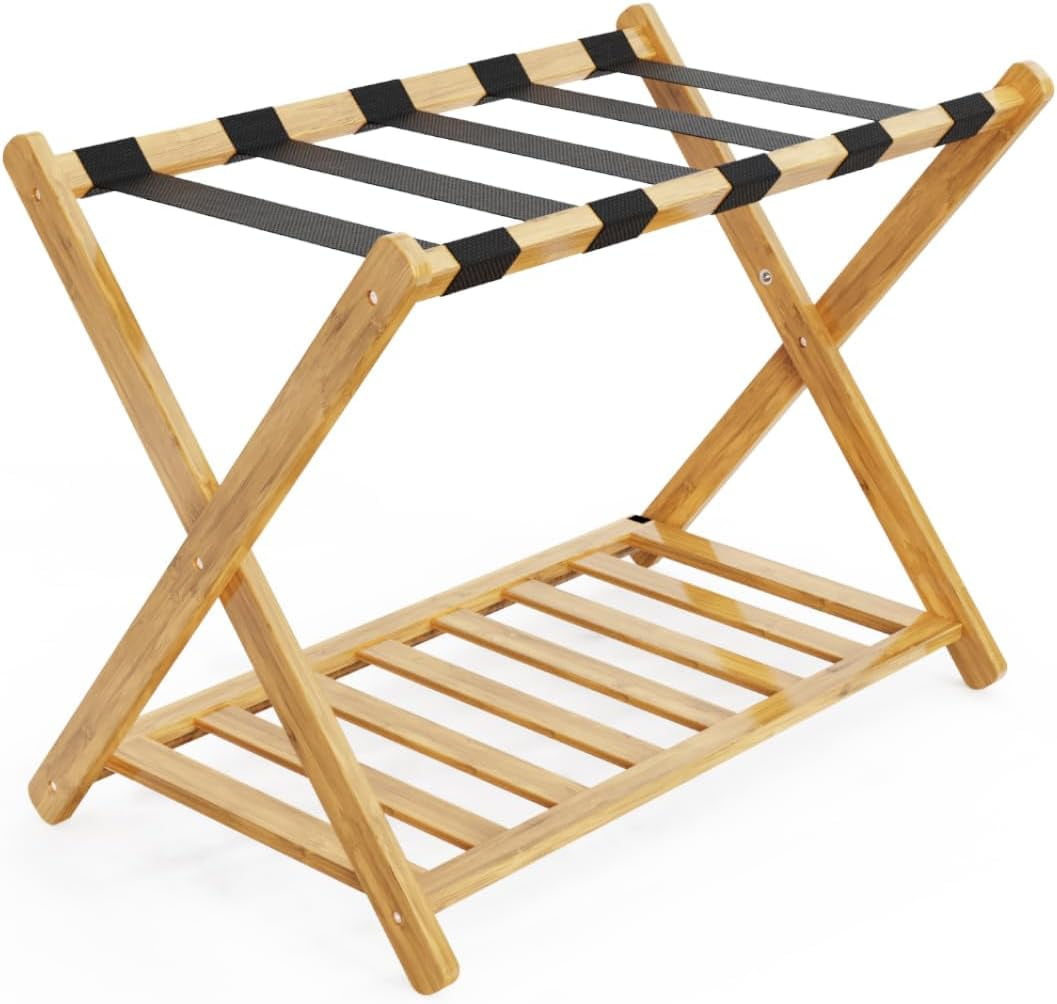 Natural Bamboo Luggage Rack - Folding Suitcase Stand with Storage Shelf ...