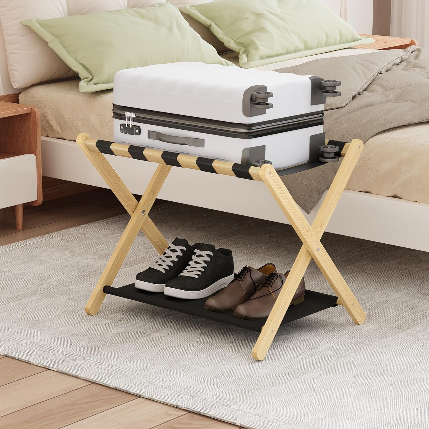 Natural Bamboo Luggage Rack for Guest Room, Foldable Suitcase Stand ...