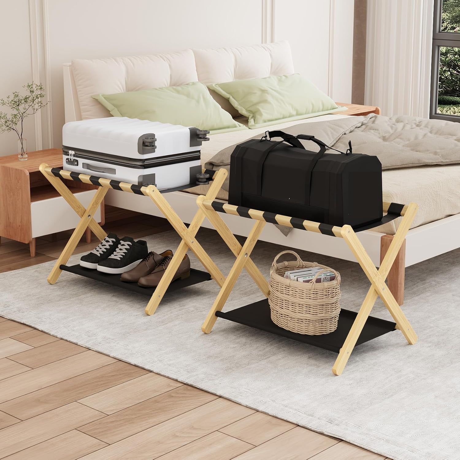 Natural Bamboo Luggage Rack Pack of 2, Foldable Suitcase Stand with ...