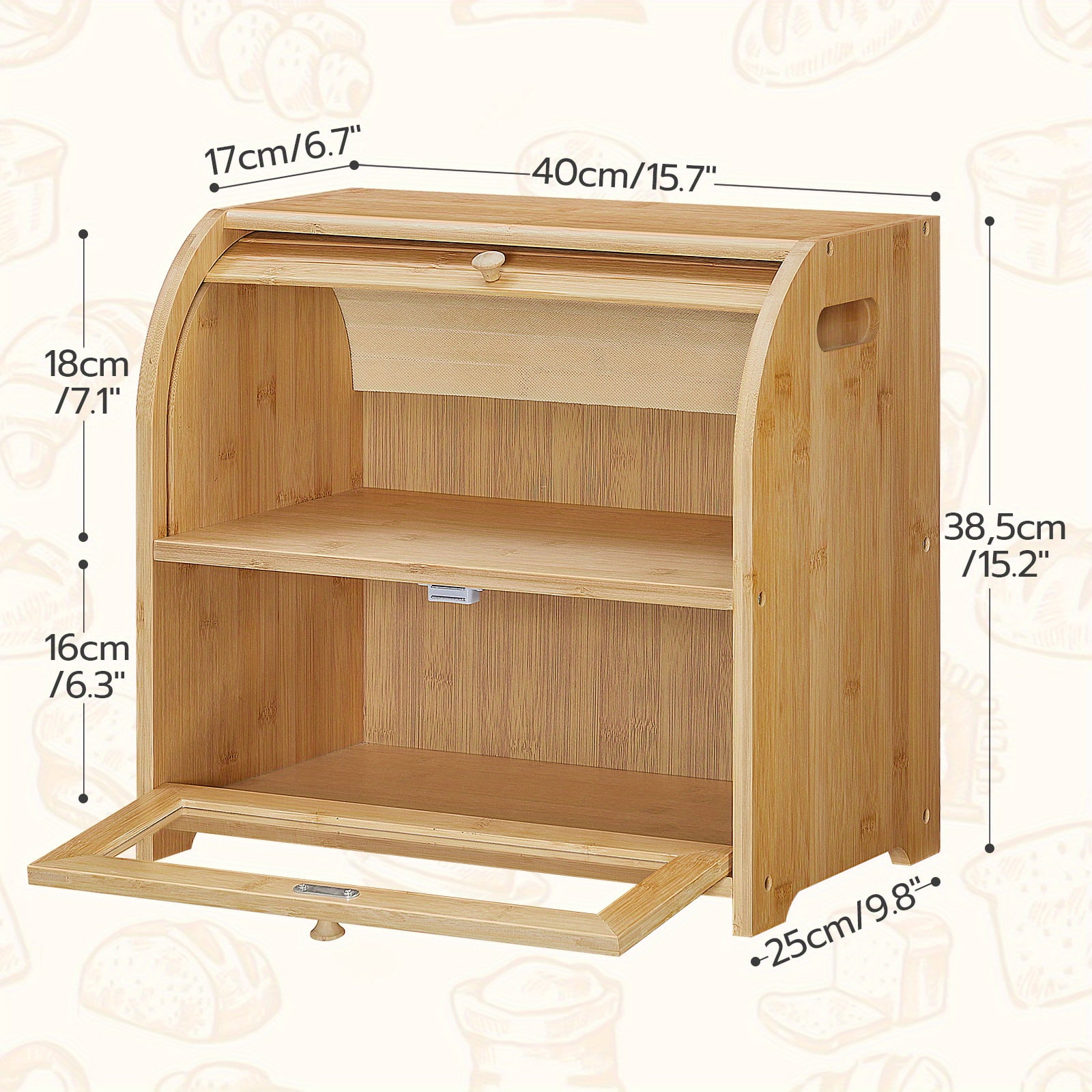 Natural Bamboo Roll-Top Bread Box with 2 Tiers, Countertop Food Storage ...