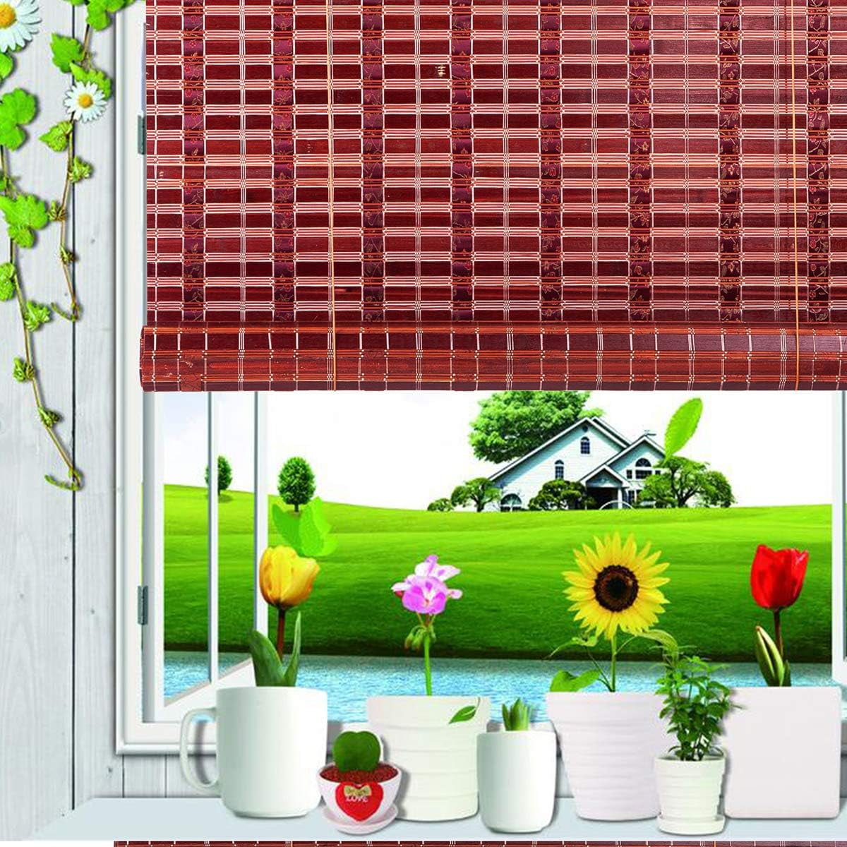 Natural Bamboo Roll Up Window Blind Sun Shade Burgundy WB-SUN319 (W72 X ...