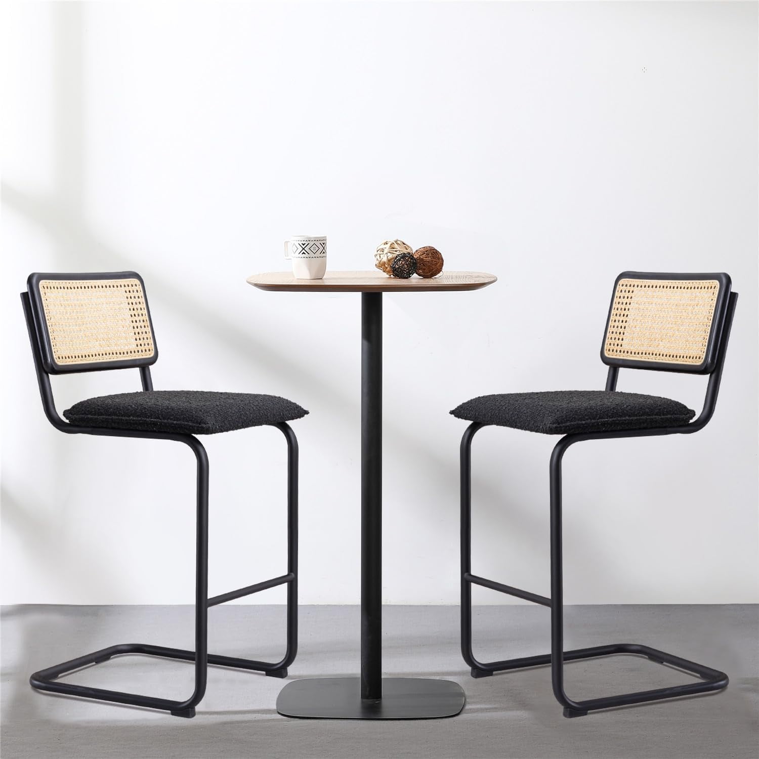 Natural Bar Stools 26'' Upholstered Boucle Fabric Barstools with Solid ...