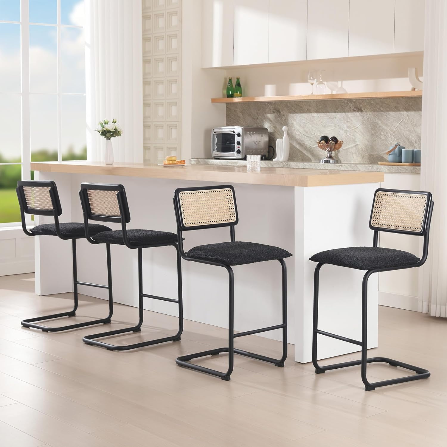 Natural Bar Stools 26'' Upholstered Boucle Fabric Barstools with Solid ...