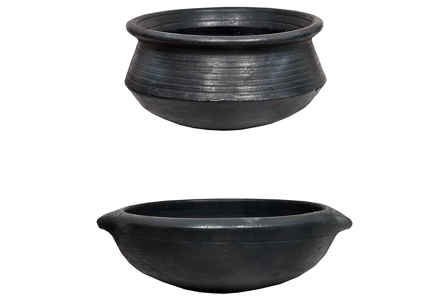 Natural Black Earthen Clay Flat Bottom Open Kadai 3.5 Liters + Handi 2.5 Liters 2 Pcs Combo ...