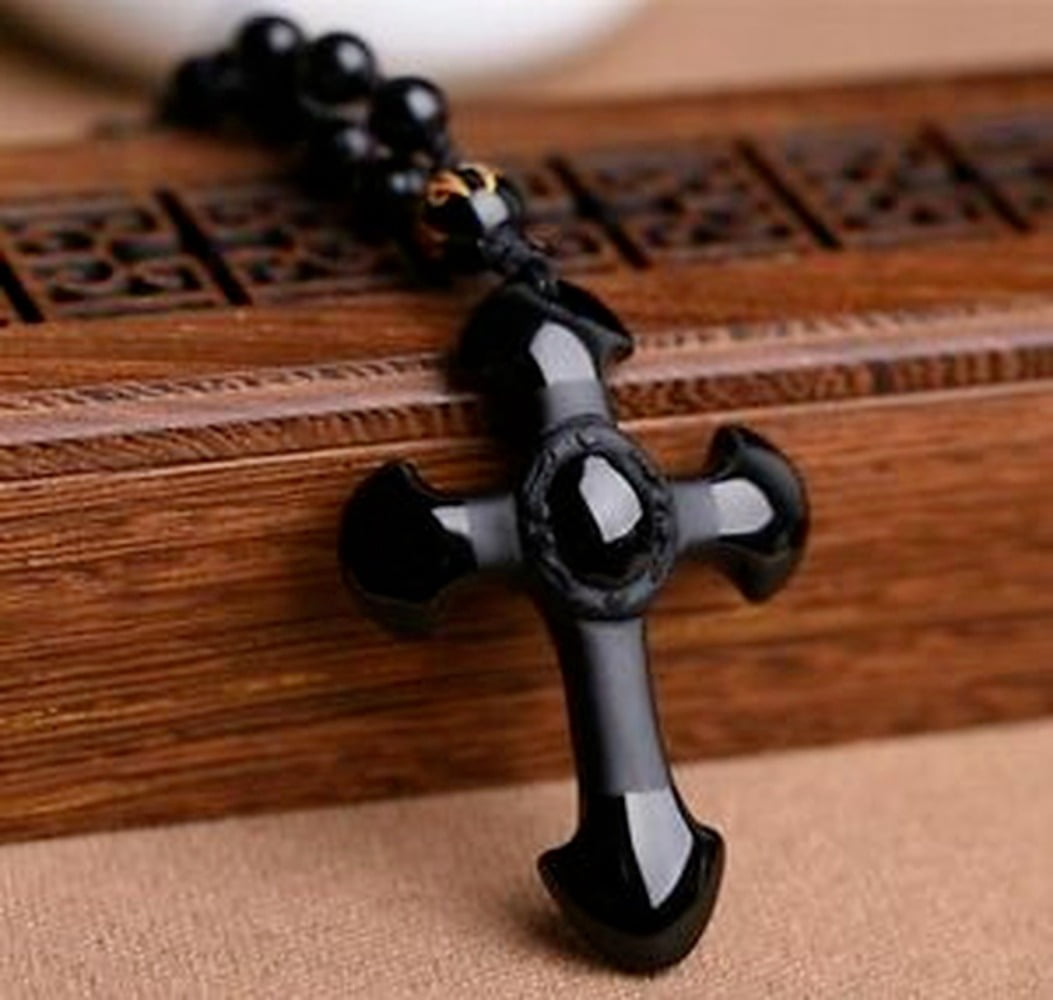 Natural Black Obsidian Cross Hand Carved Amulet Pendant Necklace Reiki ...
